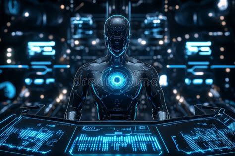 Futuristic Humanoid Robot High Tech Control Room Glowing Interfaces Screens Stock Photos - Free ...