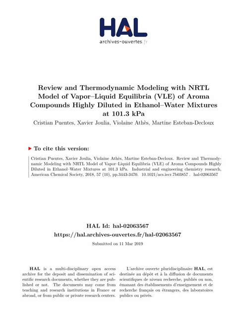 Pdf Review And Thermodynamic Modeling With Nrtl Model Of Vapor