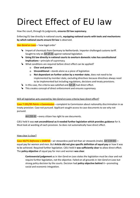 L1 Direct Effect Of Eu Law Direct Effect Of Eu Law How The Court Through Its Judgments