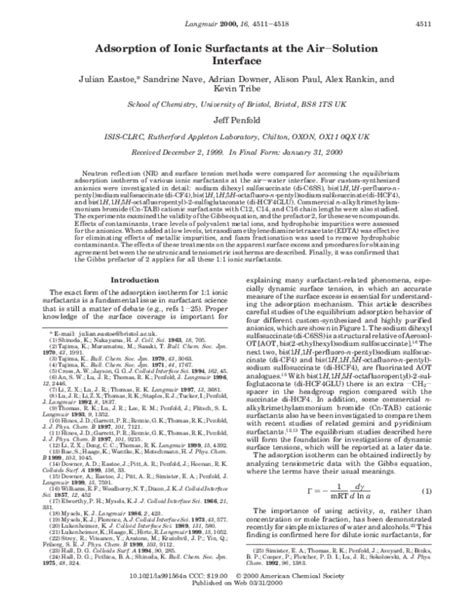 Pdf Adsorption Of Ionic Surfactants At The Air−solution Interface