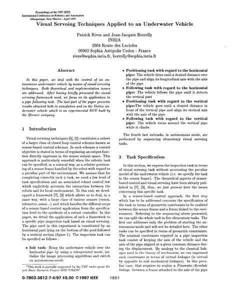 Pdf Visual Servoing Techniques Applied To An Underwater Vehicle