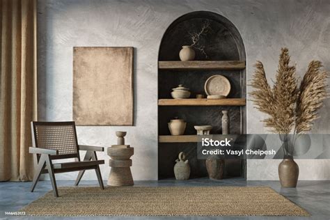 아치 벽 배경에 와비 사비 인테리어 디자인 벽 모형 개념 3d 렌더링 와비 사비에 대한 스톡 사진 및 기타 이미지 와비 사비 실내 갈색 Istock