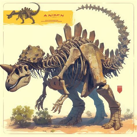 Ancient Ankylosaurus Skeleton In Desert Illustration For Paleontology