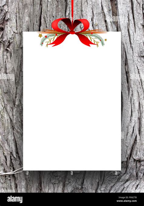 Close Up Of Single Empty Rectangular Paper Sheet Frame With Xmas Ribbon