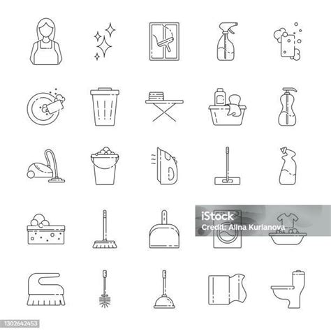 집 청소 서비스 라인 아트 아이콘 세트 얇은 선 스타일의 평면 표지판의 벡터 그림 청소 및 세탁 을위한 서비스의 개념 라인아트에 대한 스톡 벡터 아트 및 기타 이미지