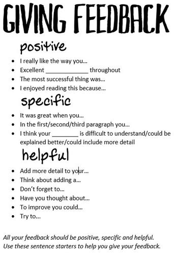 Giving Feedback Sheet Teaching Resources