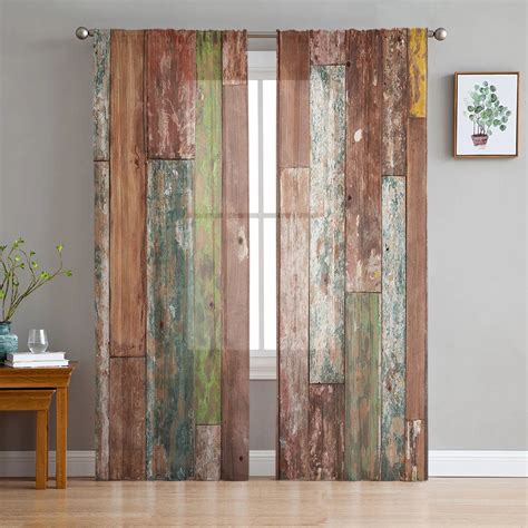 Brown Planks Retro Wood Grain Print Sheer Window Panel Curtains Room