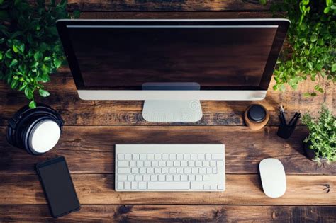 Workspace Setup Shows Computer Keyboard Mouse And Plants For Productivity And Greenery