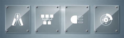 캘리퍼 하이 빔 기어 시프터 및 배터리 점퍼 전원 케이블로 자동차 브레이크 디스크를 설정합니다 정사각형 유리 패널 벡터 경계