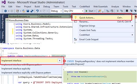 Where Is Implement Interface Context Menu Item In Visual Studio Stack Overflow