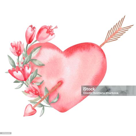 화살에 찔린 마음과 꽃의 구성 발렌타인 데이에 대한 선물 제품의 디자인에 대 한 고립 된 수채화 그림 포스터 옷 직물에 인쇄 2월에 대한 스톡 벡터 아트 및 기타 이미지