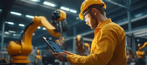 Engineer Controlling Robotic Arms In A Smart Factory Using A Tablet Industrial Automation And