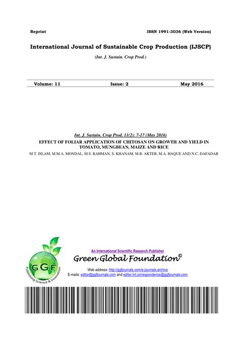 Pdf Effect Of Foliar Application Of Chitosan On Growth And Yield In