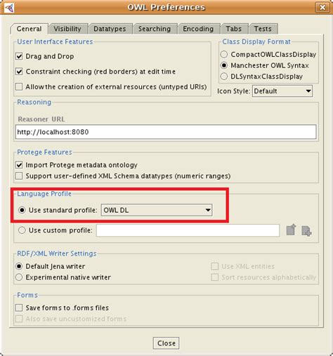 Owl Setting Language Profile In Protege 52 Preferences Stack