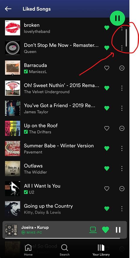 [android] scroll bar missing on liked songs playli the spotify