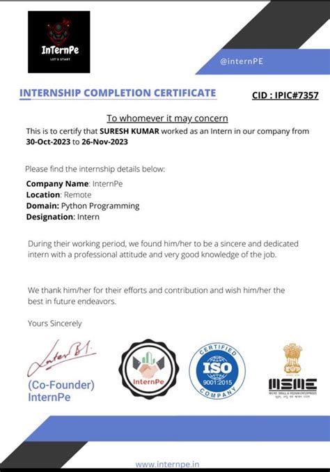completed internpe internship program with python suresh kumar posted