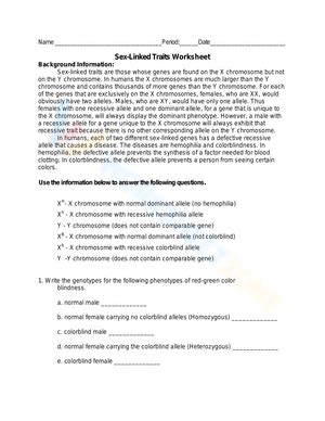 Sexlinked Traits Worksheets