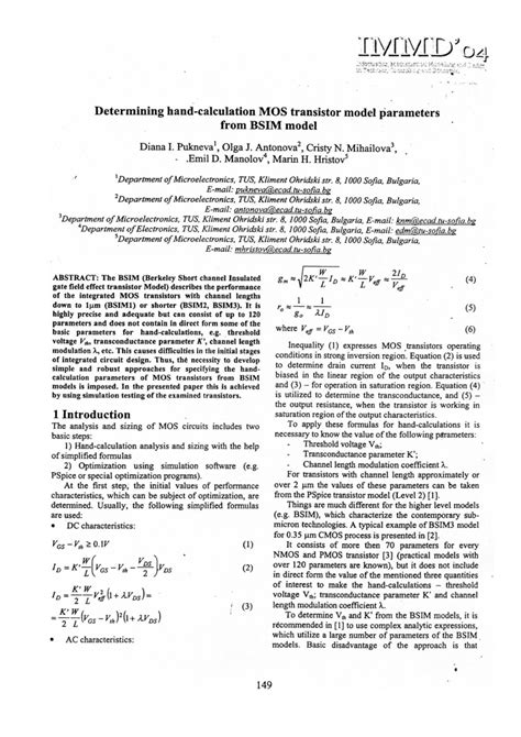 Pdf Determining Hand Calculation Mos Transistor Model Parameters From Bsim Model