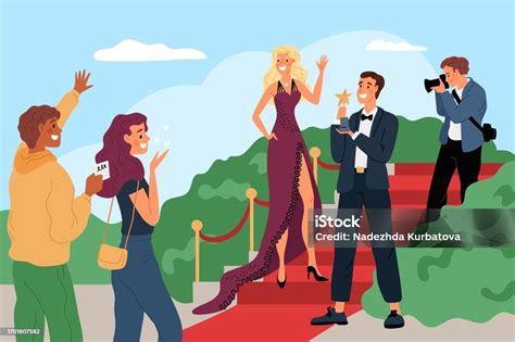 레드 카펫 위의 유명한 사람들 축제에서 보상을 받는 글래머 남녀 별이 빛나는 아름다운 커플 행복한 연예인과 팬 사진을 찍는 파파라치 화려한 벡터 개념 남자에 대한 스톡 벡터