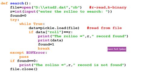 Create A Binary File With Name And Roll Number Search For A Given Roll Number And Display The