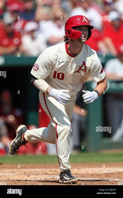 April 2 2023 Peyton Stovall 10 Of Arkansas Comes Out Of The Batters