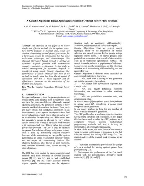 A Genetic Algorithm Based Approach For Solving Optimal Power Flow Problem Pdf