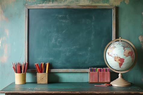 Classroom Setup With Chalkboard Globe Desk And School Supplies