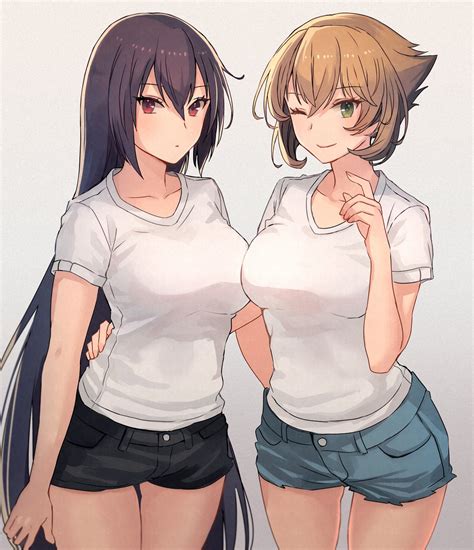 배경 화면 애니메이션 소녀들 간타이 컬렉션 나가토 칸 콜레 무츠 칸 콜레 긴 머리 흑발 짧은 머리 갈색 머리의 삽화 디지털 아트 팬 아트