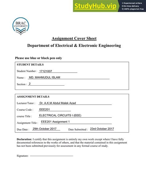 Assignment Cover Sheet Department Of Electrical Electronic Engineeringpdf