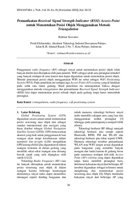 Pdf Pemanfaatan Received Signal Strength Indicator Rssi Access Point Untuk Menentukan Posisi