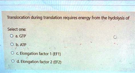 Solved Translocation During Translation Requires Energy From The Hydrolysis Of A Gtp B Atp