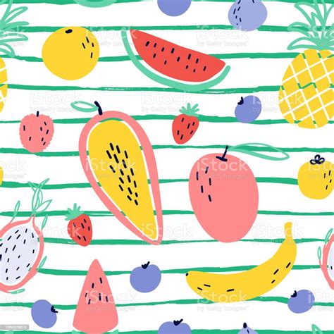벡터 배경 열 대 과일 두리안 파인애플 망고 수 박 드래곤 과일 Pitaya 바나나 파파야 줄무늬에 여름 이국적인 과일 원활한 패턴 0명에 대한 스톡 벡터 아트 및 기타