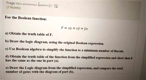 Solved Text Frage Non Anonymous Question 7 Points For The Boolean Function F Xy Xy