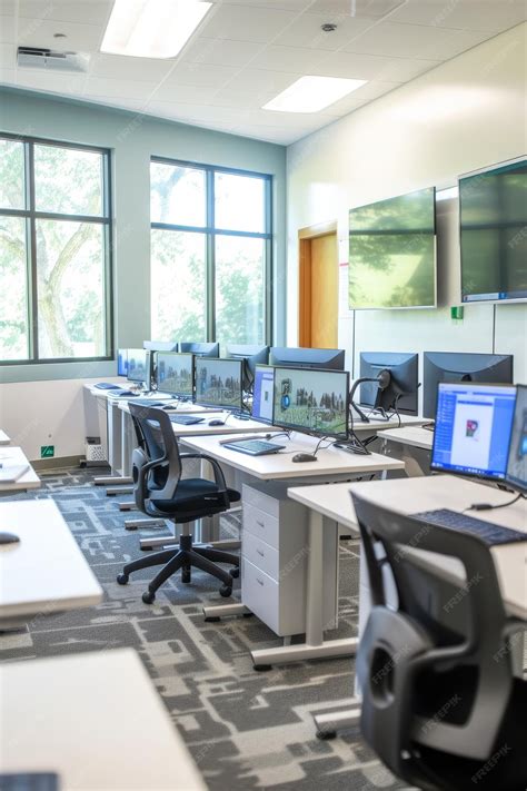Premium Photo Modern Welllit Computer Lab With Multiple Workstations