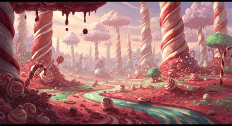 Fantasy Landscape Featuring Towering Twisted Candy Cane Structures And Lollipop Stock