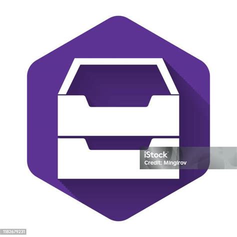 긴 그림자로 격리 된 문서 아이콘이있는 흰색 서랍 아카이브 용지 서랍 파일 캐비닛 서랍 사무용 가구 보라색 육각 버튼 벡터