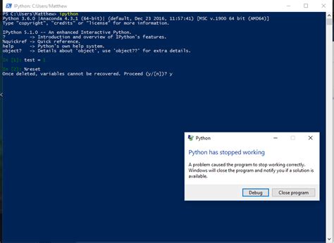 Python Ipython Crashing Reset Stack Overflow