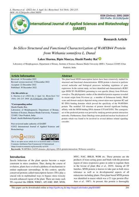 Pdf In Silico Structural And Functional Characterization Of Wsmyb44 Protein From Withania