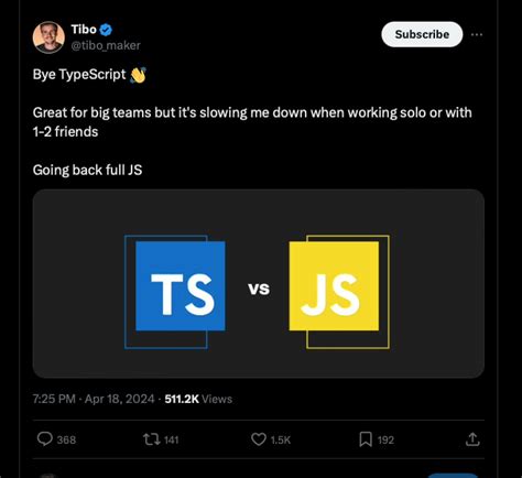 推上看到的今天的热门讨论关于独立开发是否更适合 Javascript 而不是 Typescript V2ex