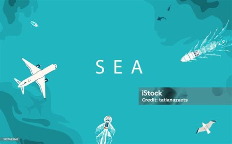 바다 배경 상단 항공 뷰 벡터 그림입니다 비행기 갈매기 상어 보트가 있는 물결 표면 패턴 중앙에 공간을 복사합니다 바다 여름 여행 디자인 공중 뷰에 대한 스톡 벡터 아트 및