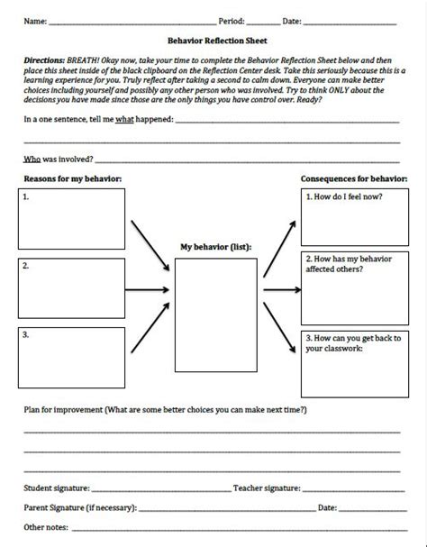Behavior Reflection Sheet Self Reflect And Improve