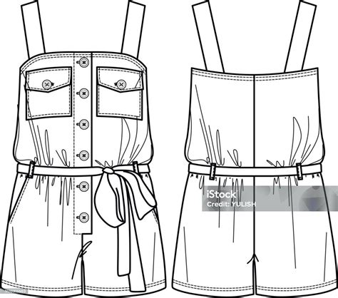 벡터 여성 스트랩리스 점프 슈트 기술 도면 주머니와 버튼 패션 Cad 템플릿 플랫 스케치 모형과 민소매 점프 슈트 저지 또는 직물 점프 슈트 화이트 컬러 0명에 대한 스톡