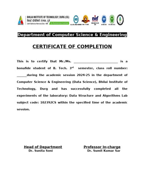 Dsa Completion Certificate Format Pdf