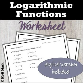 Logarithmic Functions And Their Graphs WORKSHEET Digital And Print