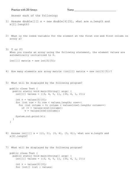 Abdullah Chaudhry Student Review Questions Practice With D Arrays Name Studocu