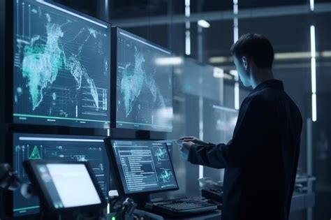 Premium Photo Technician Manager Industrial Engineer Controlling Roboticts On Monitoring