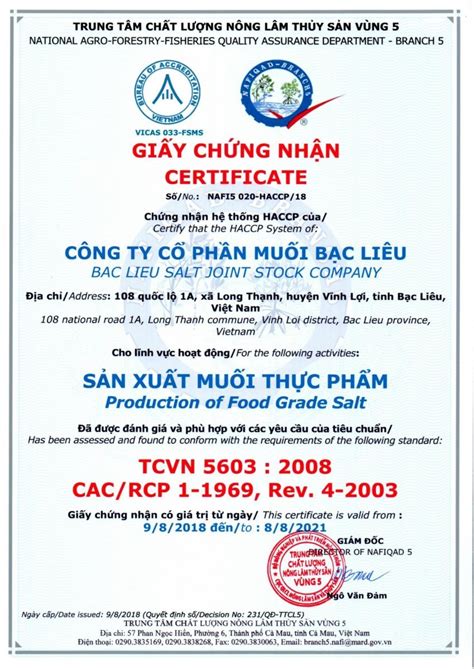 Chứng nhận HACCP Công Ty Cổ Phần Muối Bạc Liêu
