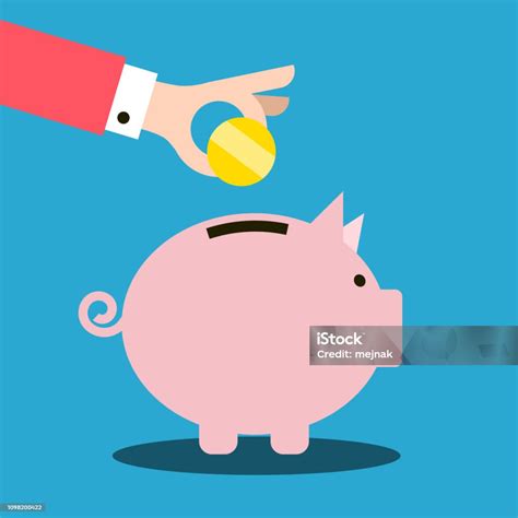 돈 돼지 고 파란색 배경 벡터 평면 디자인 일러스트 레이 션에 손에 동전 은행에 대한 스톡 벡터 아트 및 기타 이미지 은행