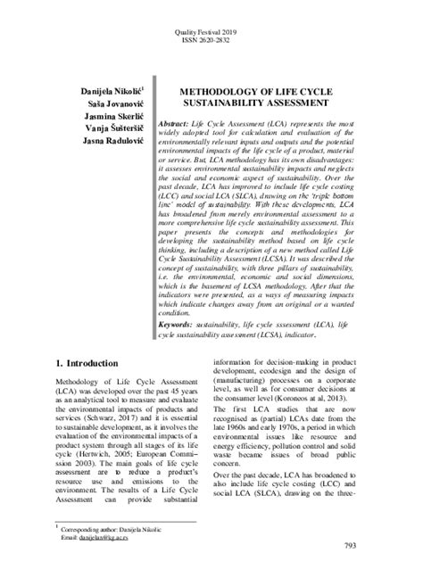 Pdf Methodology Of Life Cycle Sustainability Assessment