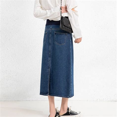 Badu Bg Есенни корейски модни дънкови поли за бременни Странични цепки Еластична талия Коремни